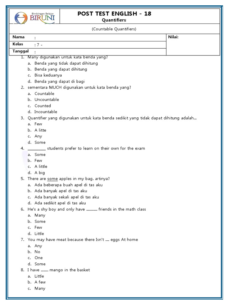Post Test English 18 Kelas 8 Quantifiers Countable Quantifier Pdf