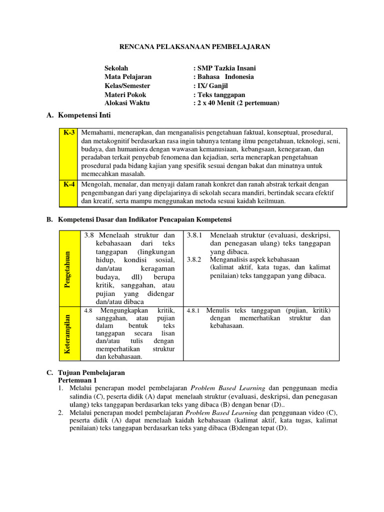 RPP Teks Tanggapan Kelas 9 | PDF