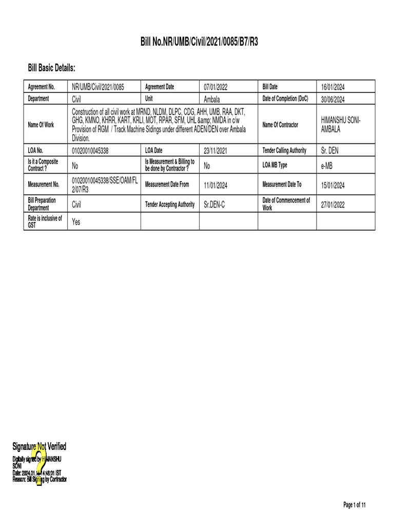 Civil Work Bill for Ambala Contract | PDF | Pipe (Fluid Conveyance ...