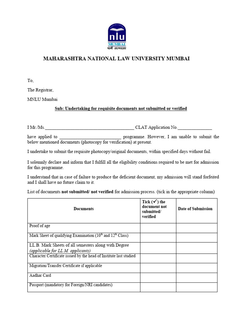 Undertaking Regarding Non Submission of Documents | PDF