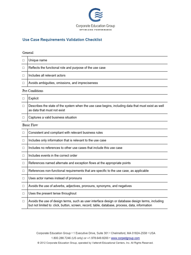 Use Case Requirements Validation Checklist | Download Free PDF | Use Case | Databases
