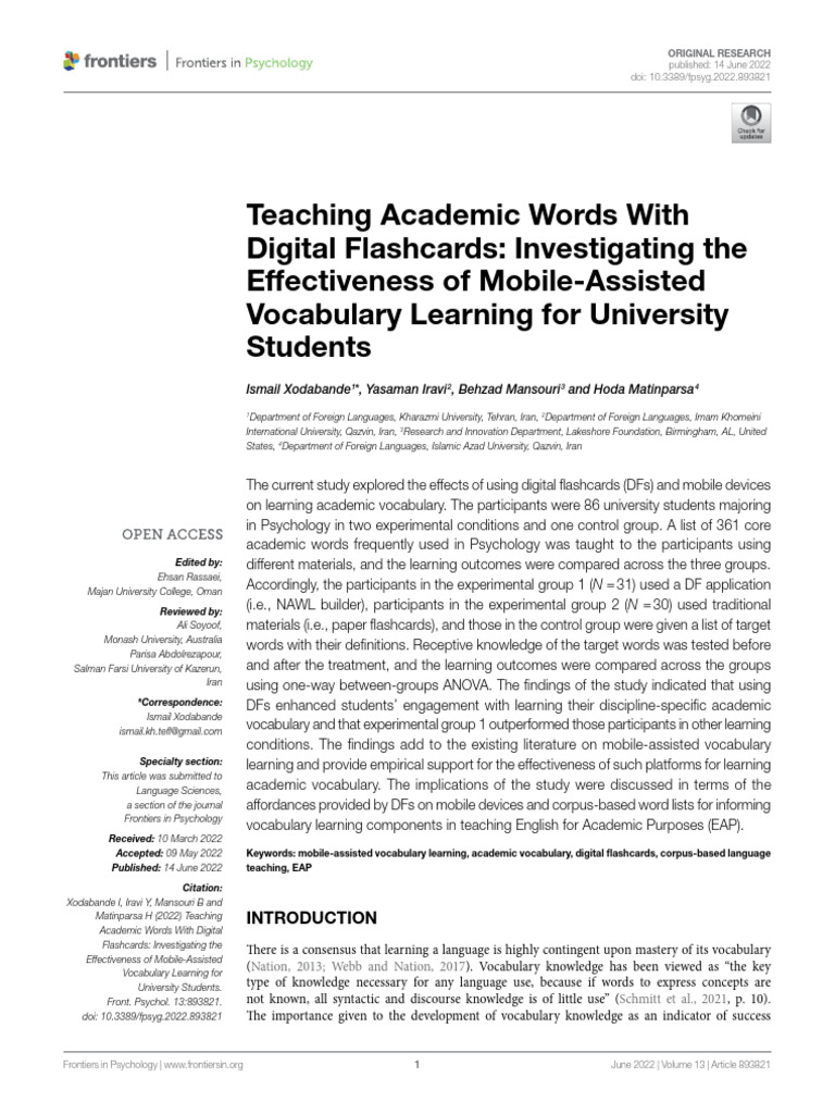 Teaching Academic Words With Digital Flashcards: Investigating The Effectiveness of Mobile ...