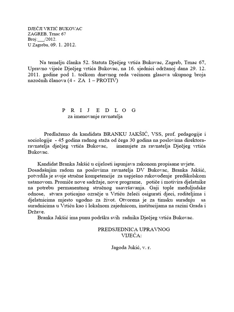 Prijedlog Za Ravnatelja | PDF