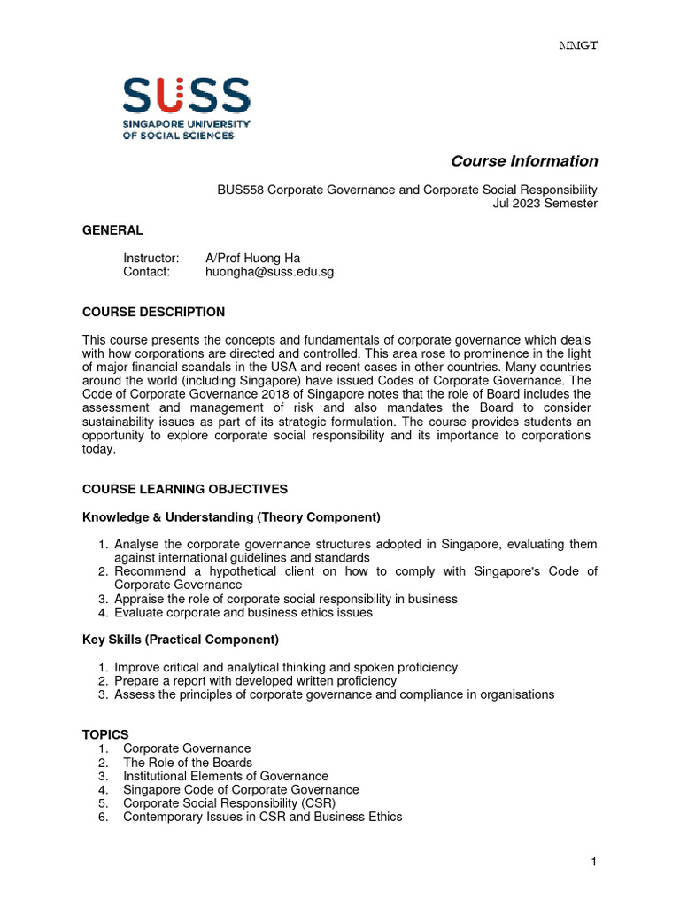 BUS558 - Course Info Page - Jul23 | PDF | Governance | Corporate Social ...