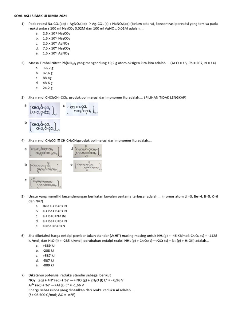 Soal Asli Kimia Simak Ui 2021 | PDF Soal Asli Kimia Simak Ui 2021 | PDF