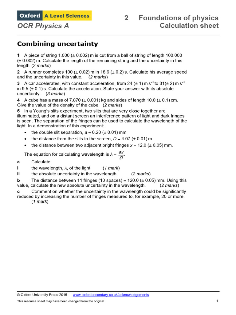 OCR Physics A: Uncertainty Calculations | PDF | Wavelength | Science