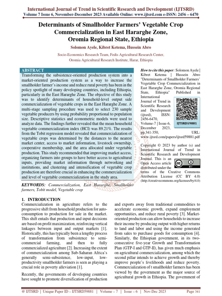 Determinants of Smallholder Farmers' Vegetable Crop Commercialization ... Determinants of Smallholder Farmers' Vegetable Crop Commercialization ...
