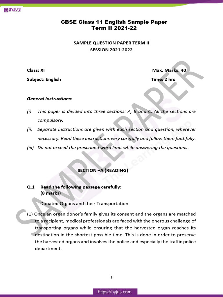CBSE Class 11 English Sample Paper Set 7 | PDF | Organ Transplantation ...