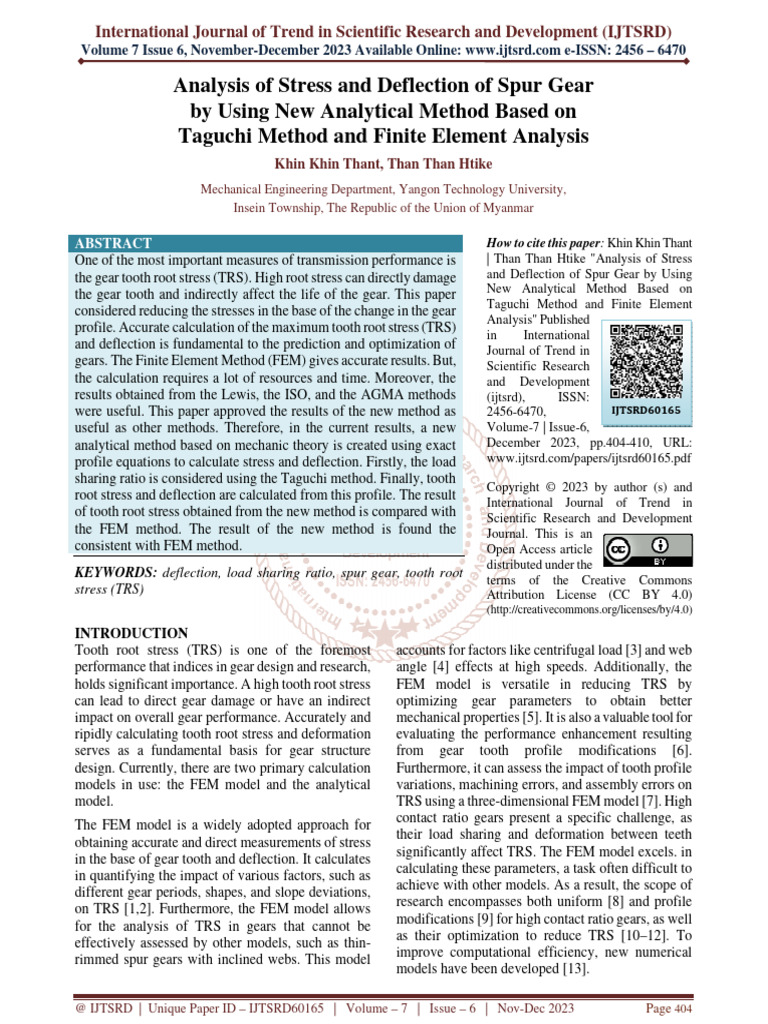 Analysis Of Stress And Deflection Of Spur Gear By Using New Analytical Method Based On Taguchi