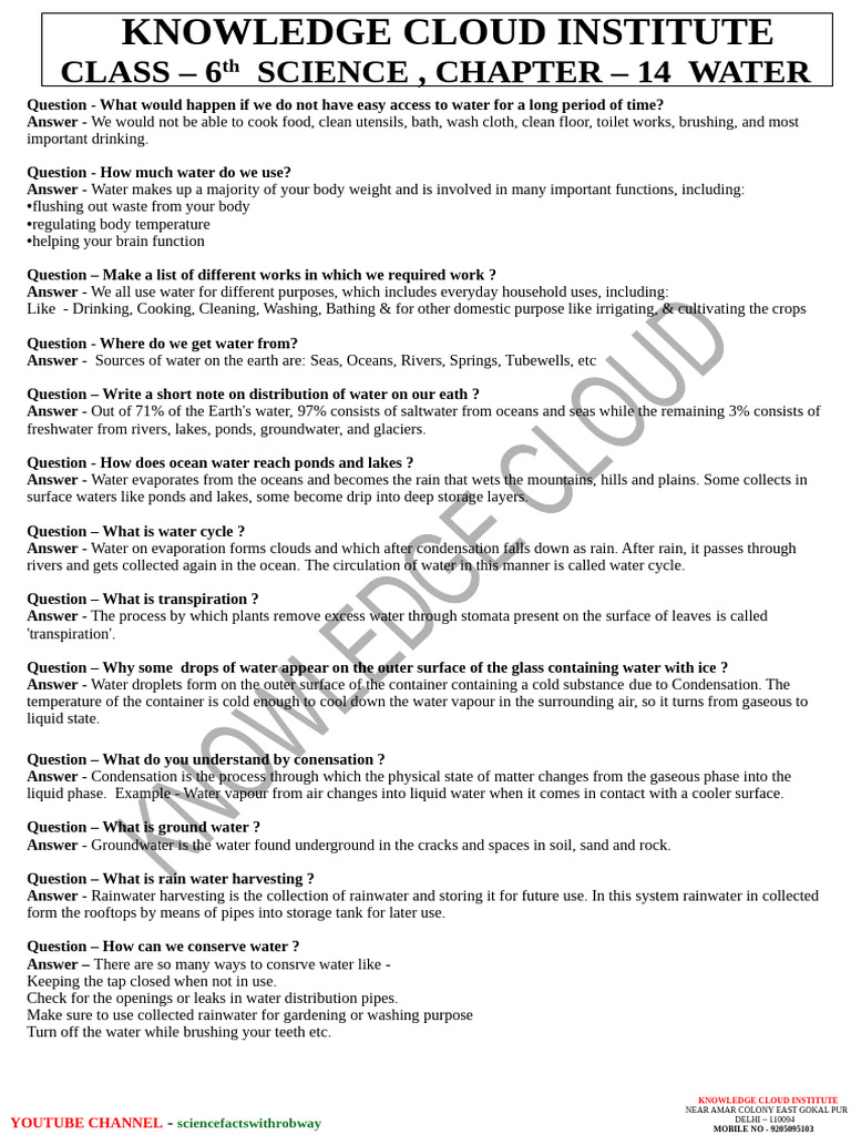 CLASS - 6th SCIENCE CHAPTER - WATER | PDF | Water | Rain