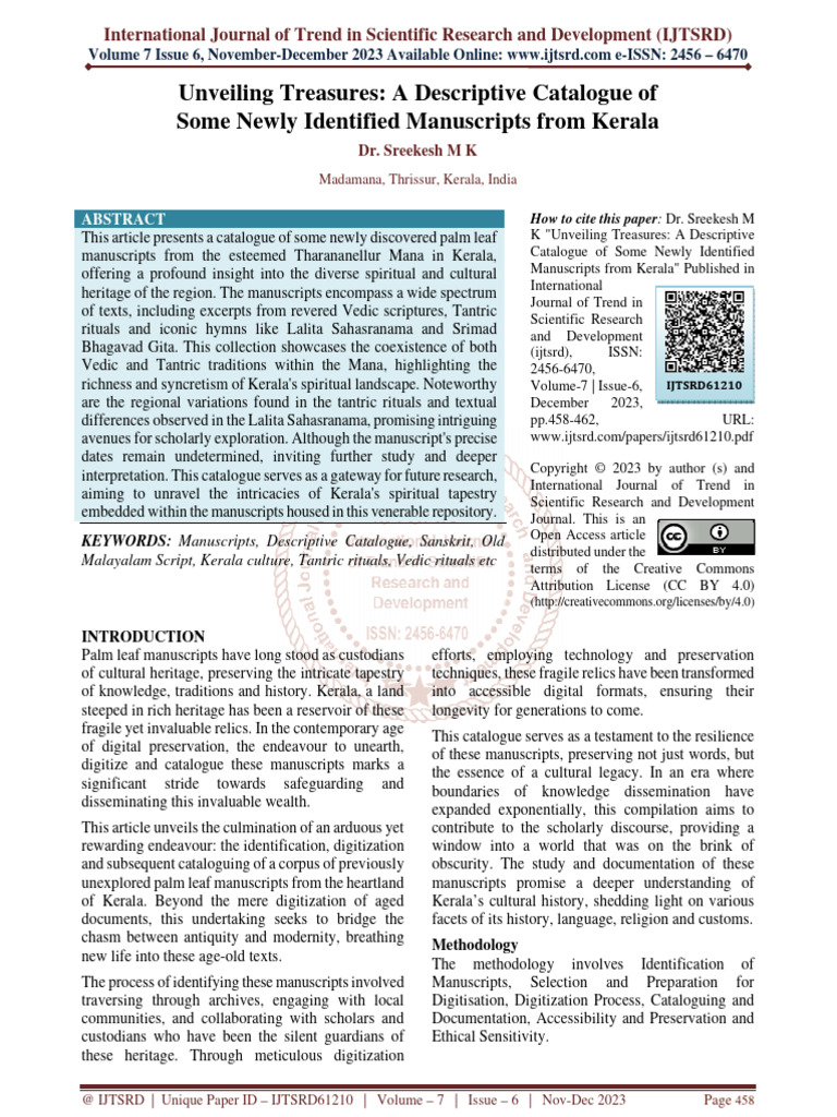 Unveiling Treasures A Descriptive Catalogue of Some Newly Identified Manuscripts From Kerala ...