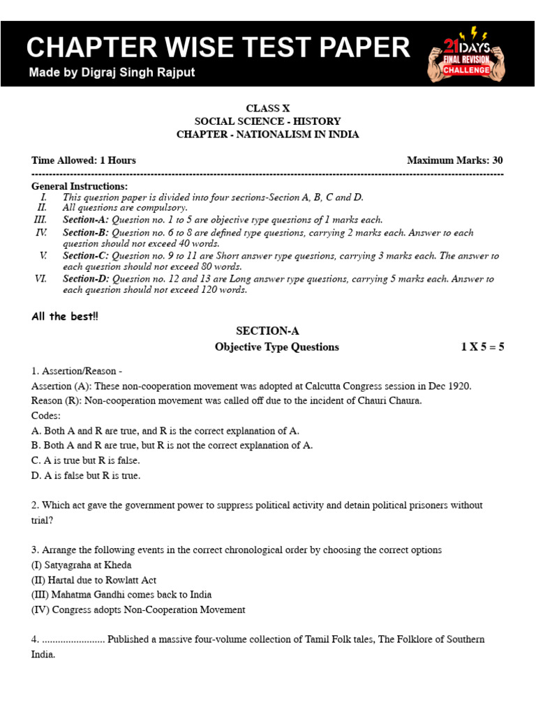 Nationalism in India: Test Paper | PDF | Mahatma Gandhi | Indian ...