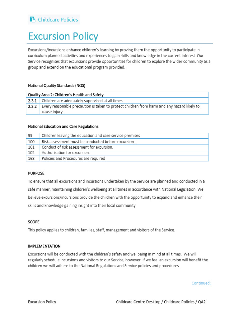 Excursion Policy | PDF | Child Care | Risk Assessment