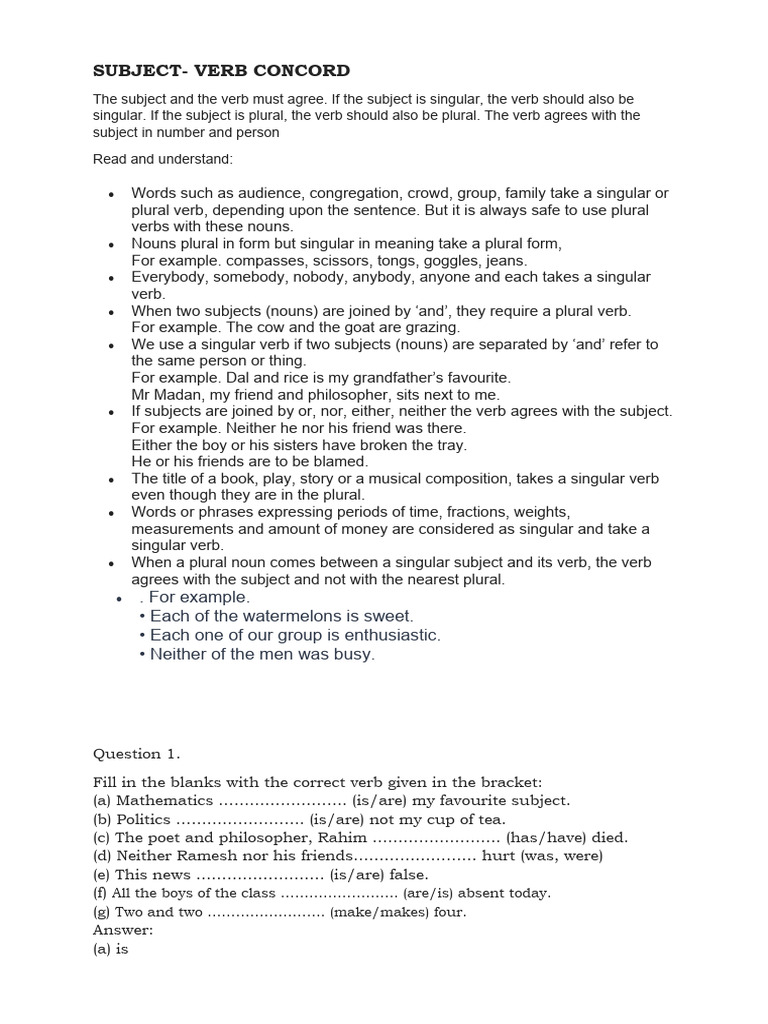 Sub-Verb Concord | PDF | Grammatical Number | Plural