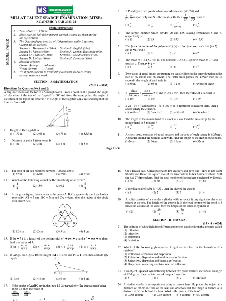 Mtse Model Question Paper 2023-24 | PDF | Science | Mathematics