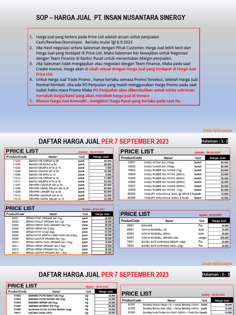 Sop Harga Jua Price List 7.9.2023 | PDF