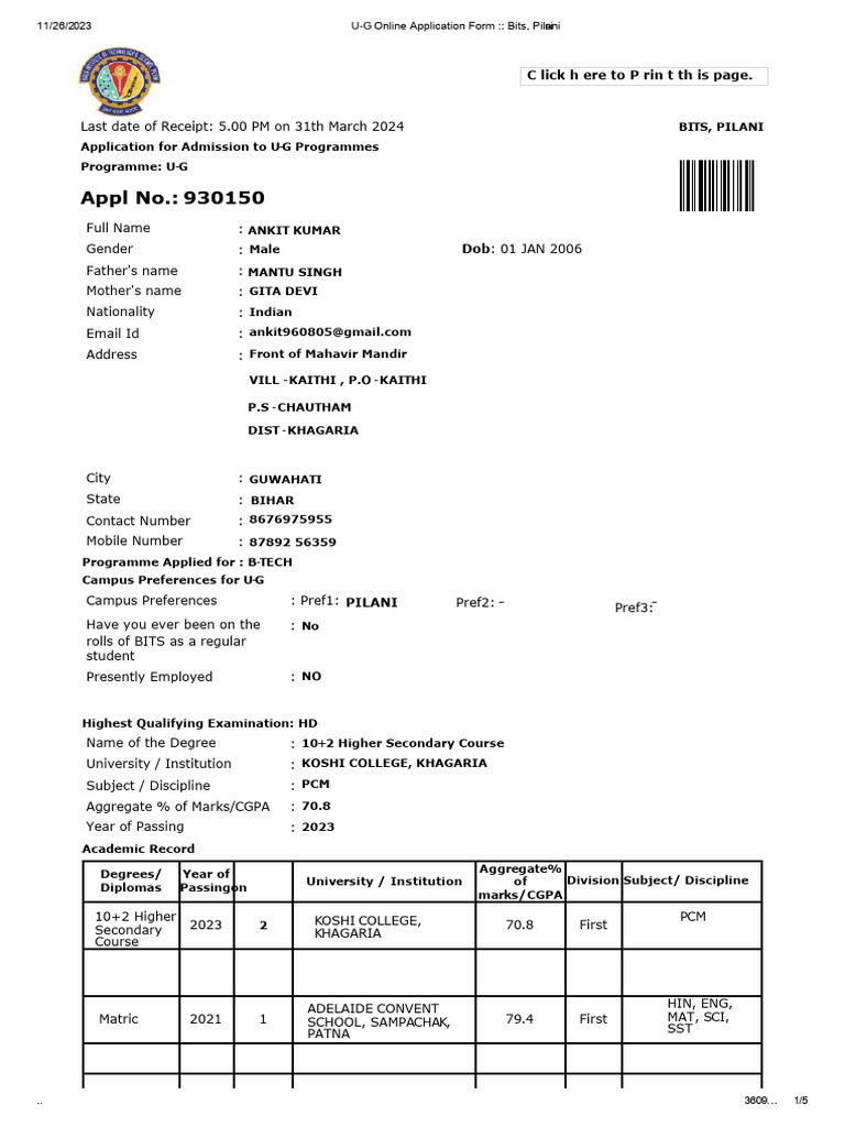 BITS Pilani UG Application Form | PDF