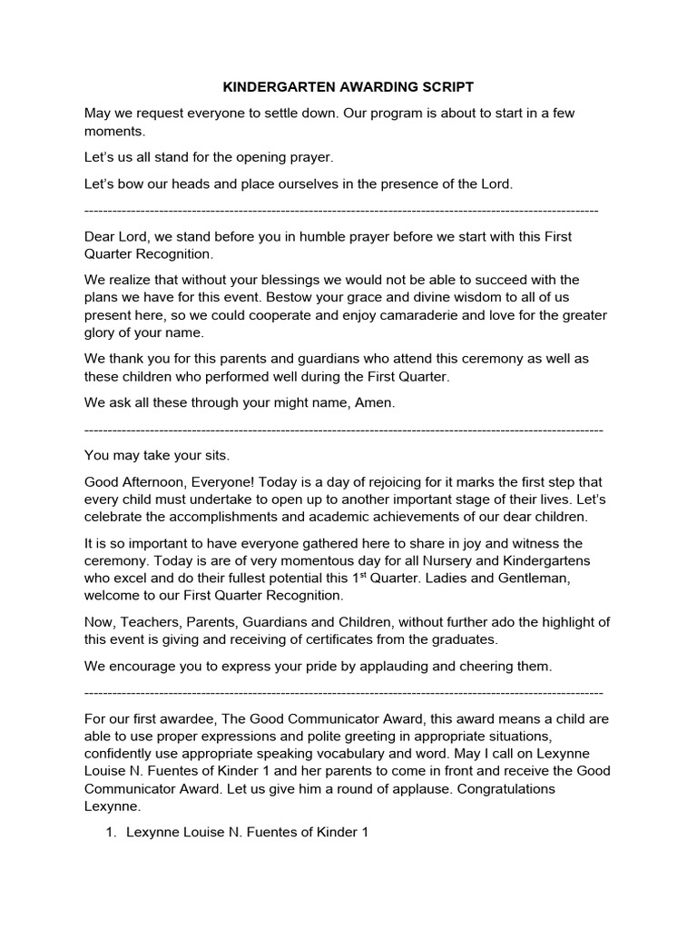 Kindergarten Awarding Script | PDF