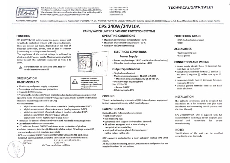 CPS 240W 24V10A: Techn/Ca/. Oa'Ta Shee'T | PDF | Power (Physics) | Voltage