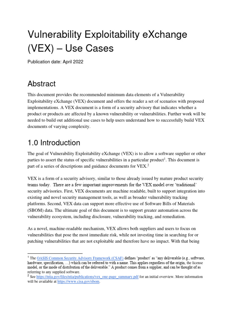 VEX Use Cases Aprill2022 | PDF | Vulnerability (Computing) | Computer Security