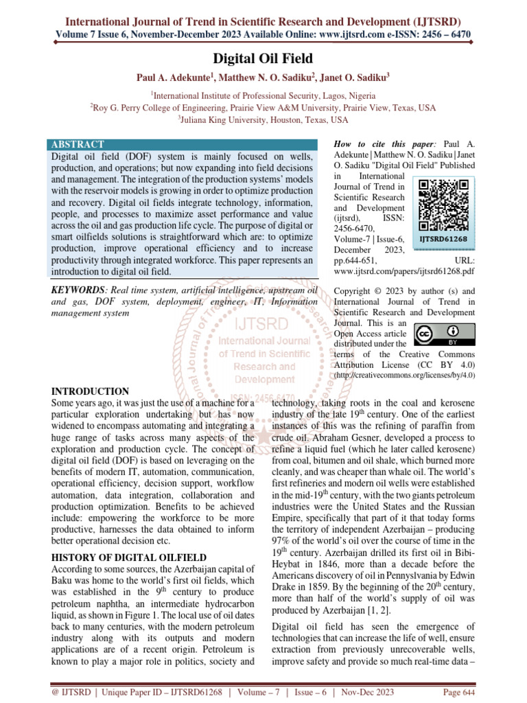 Digital Oil Field | PDF | Petroleum | Internet Of Things