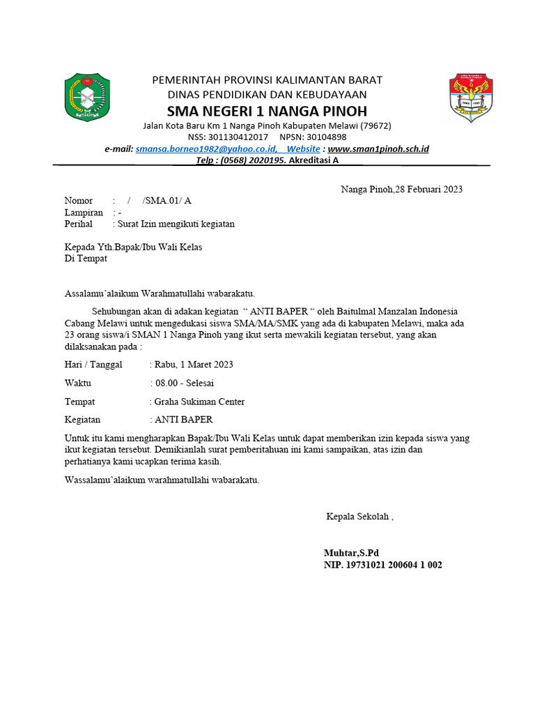 Surat Izin Ikut Kegiatan Anti Baper | PDF