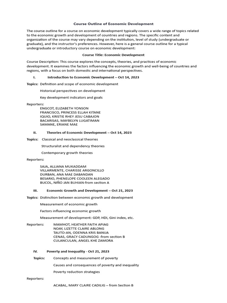 Section A Course Outline of Economic Development | PDF | Economic ...