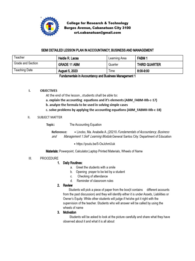 Semi Detailed Lesson Plan in Accountancy | PDF | Equity (Finance ...