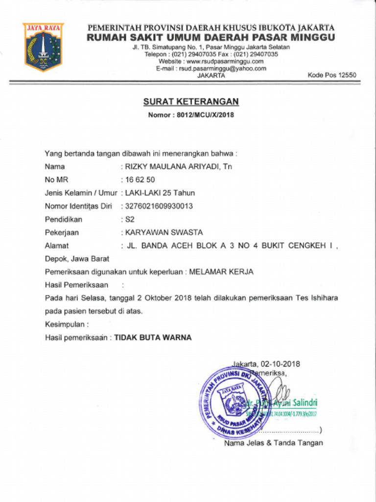 Surat Keterangan Bebas Buta Warna | PDF