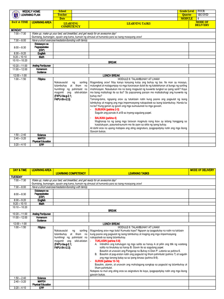 WEEKLY HOME_filipino 4 - MODULE 6 | PDF