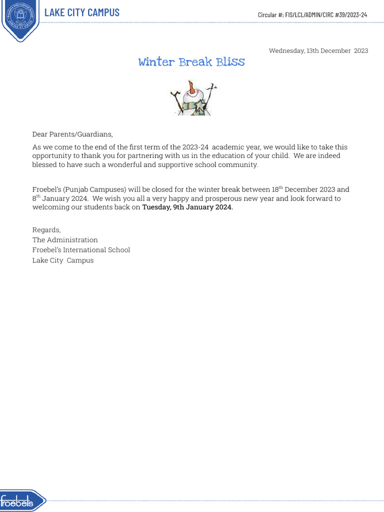 FIS CIRCULAR. Winter Break (Punjab) 2023-24 | PDF