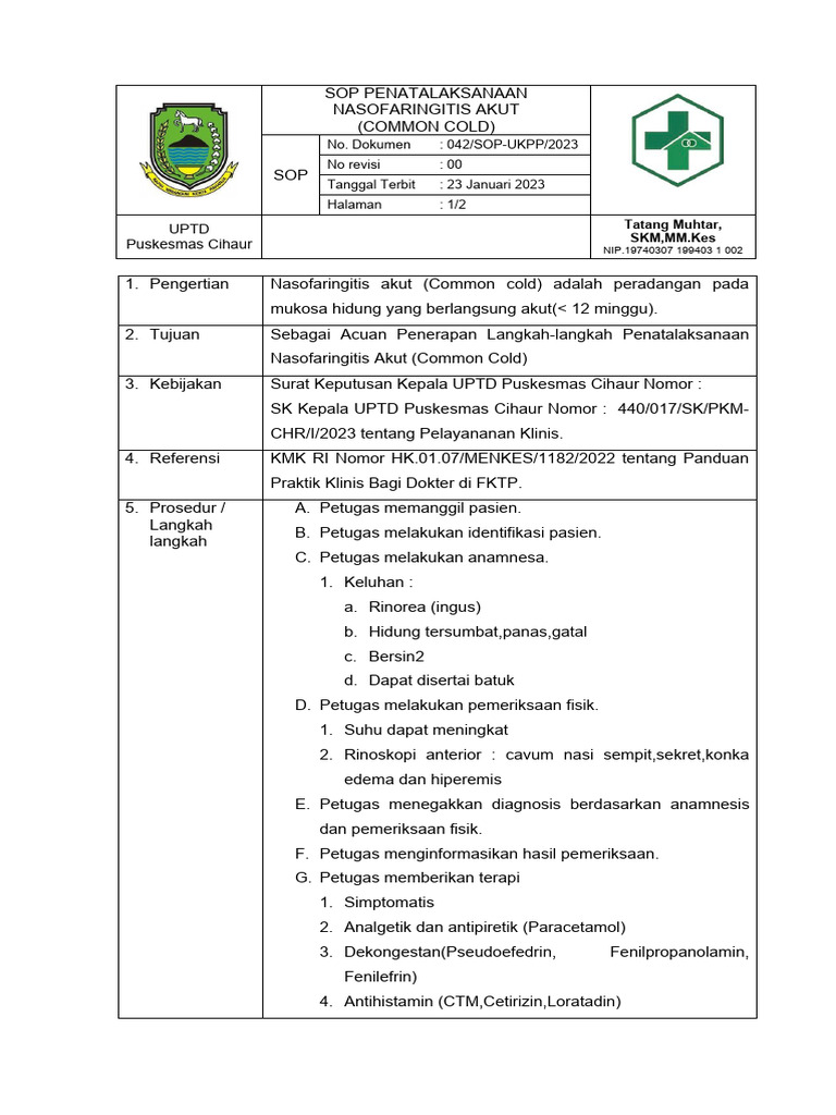 SOP Penatalaksanaan Nasofaringitis Akut | PDF