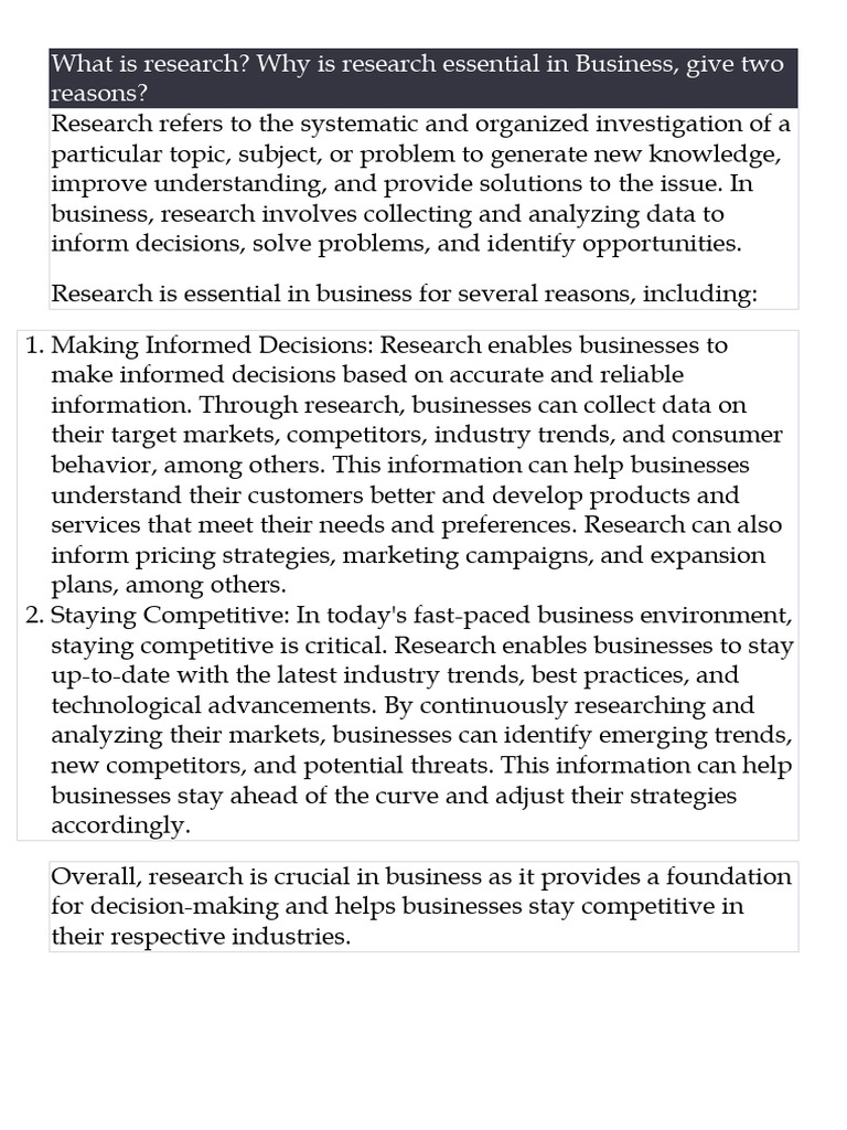 What Is Research? Why Is Research Essential in Business, Give Two Reasons? | PDF | Level Of ...
