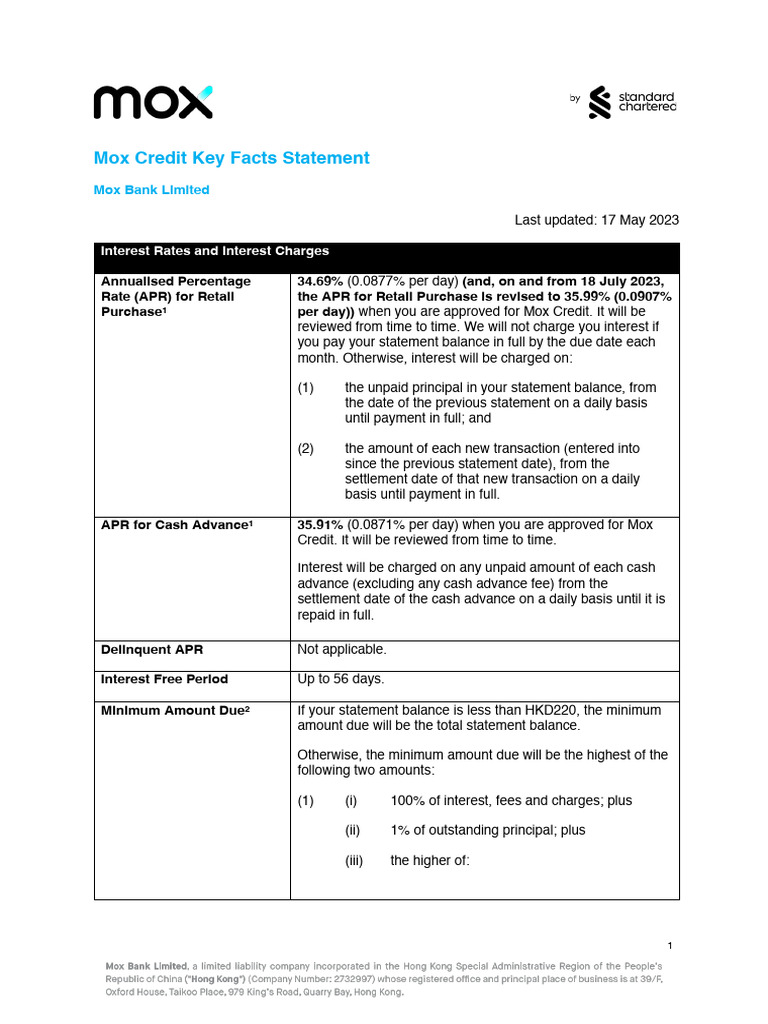 Mox Credit Key Facts Statement | PDF | Credit Card | Fee