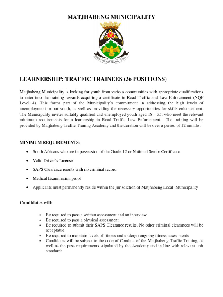 Advert Learnerships For Traffic Trainees | PDF | Criminal Record ...