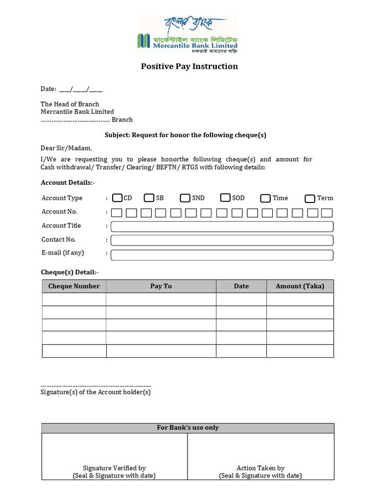 Positive Pay Instruction Form 2023 | PDF