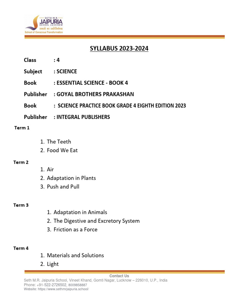 Class 4 Science Syllabus 2023-24 | PDF