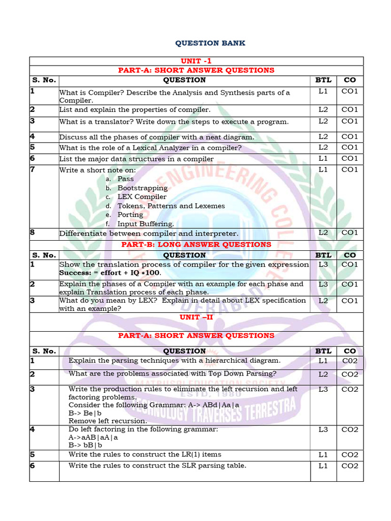 Cd Unit I Ii Question Bank Pdf Parsing Computer Science