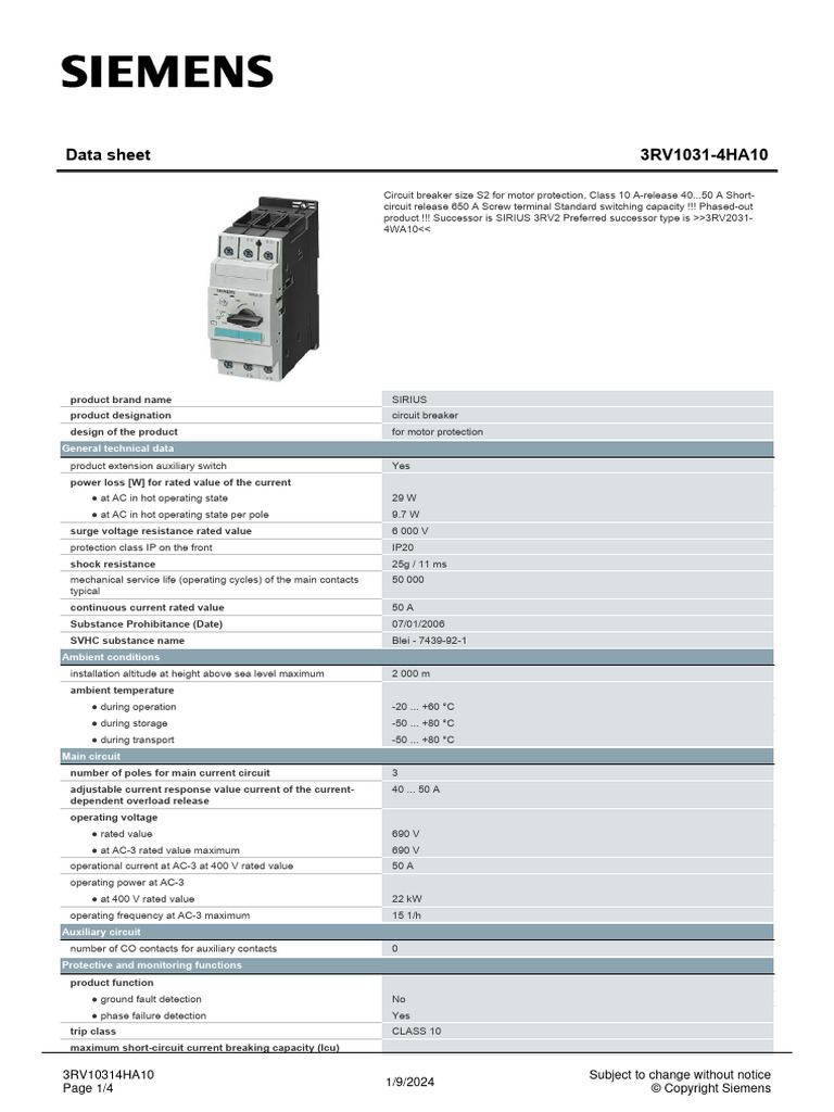 3RV10314HA10 Datasheet en | PDF | Electrical Engineering