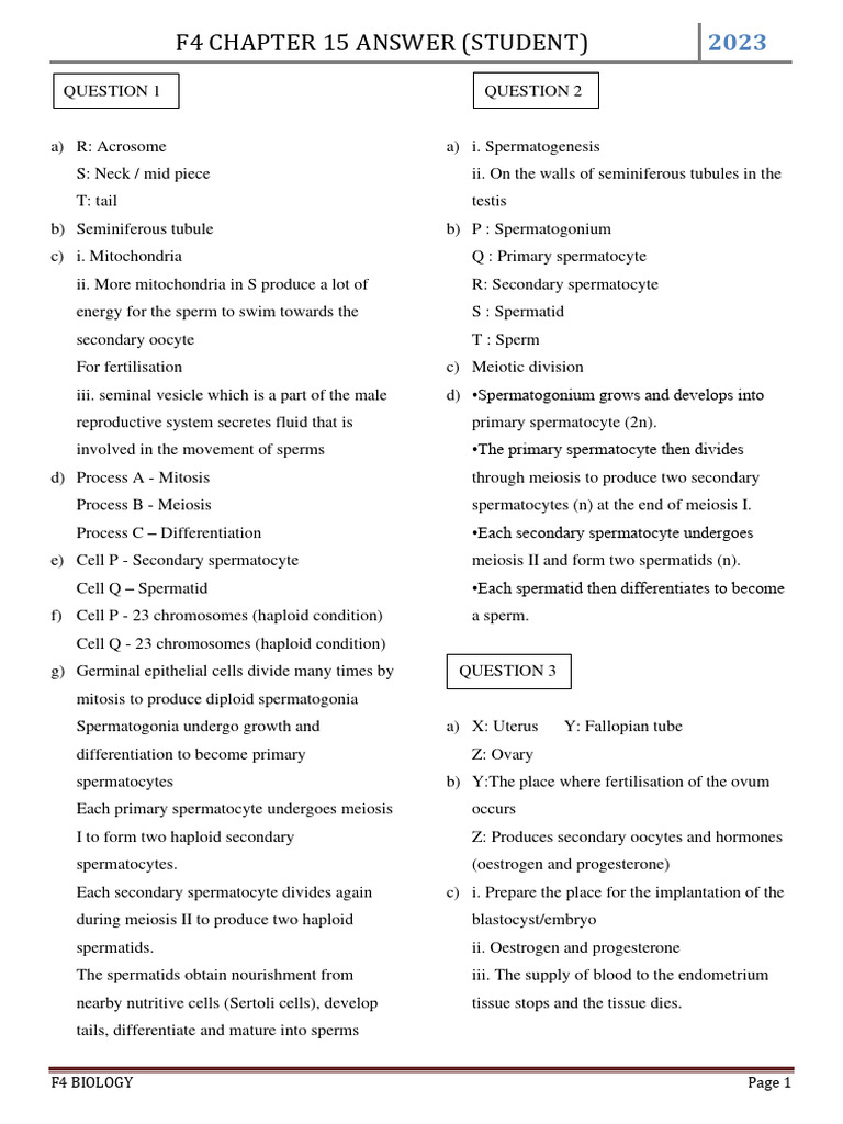 F4 Chapter 15 Ans (Student) | PDF | Menstrual Cycle | Meiosis