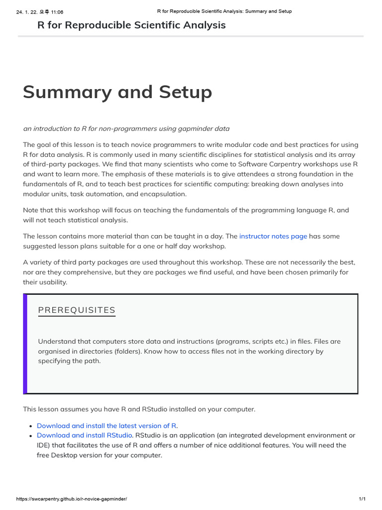 R For Reproducible Scientific Analysis - Summary and Setup | PDF