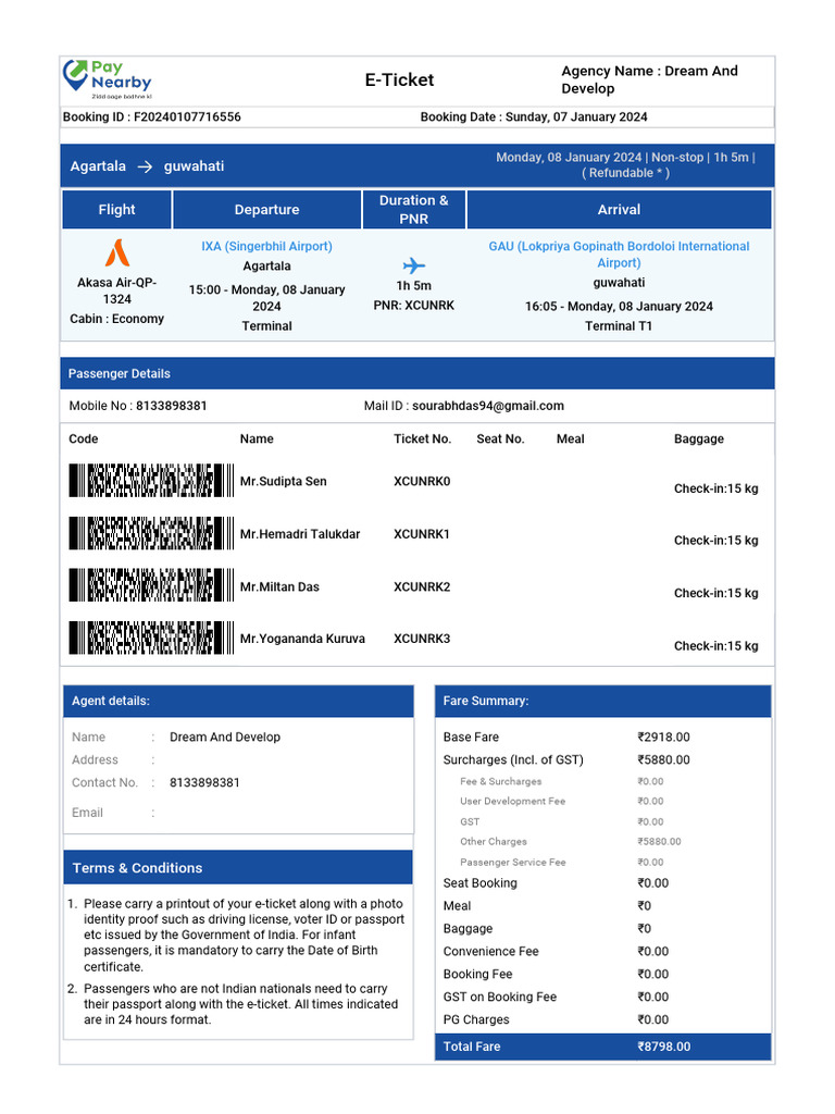 Ticket With Fare F20240107716556 Ticket20240107150635103 | PDF | Fee ...