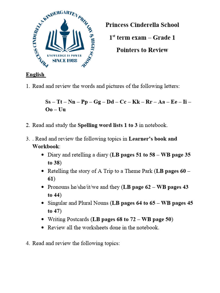 Grade 1 Exam Review Pointers | PDF