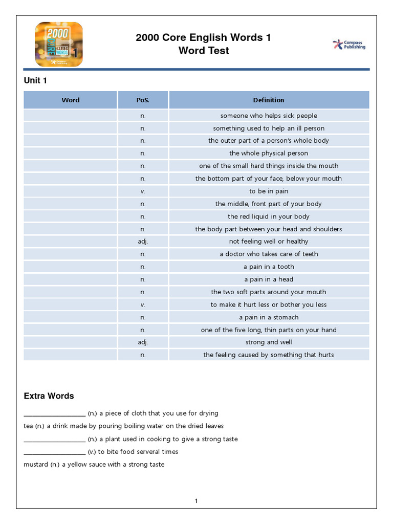 2000 Core English Words 1 - Word Test - ENG | PDF | Foods | Clothing
