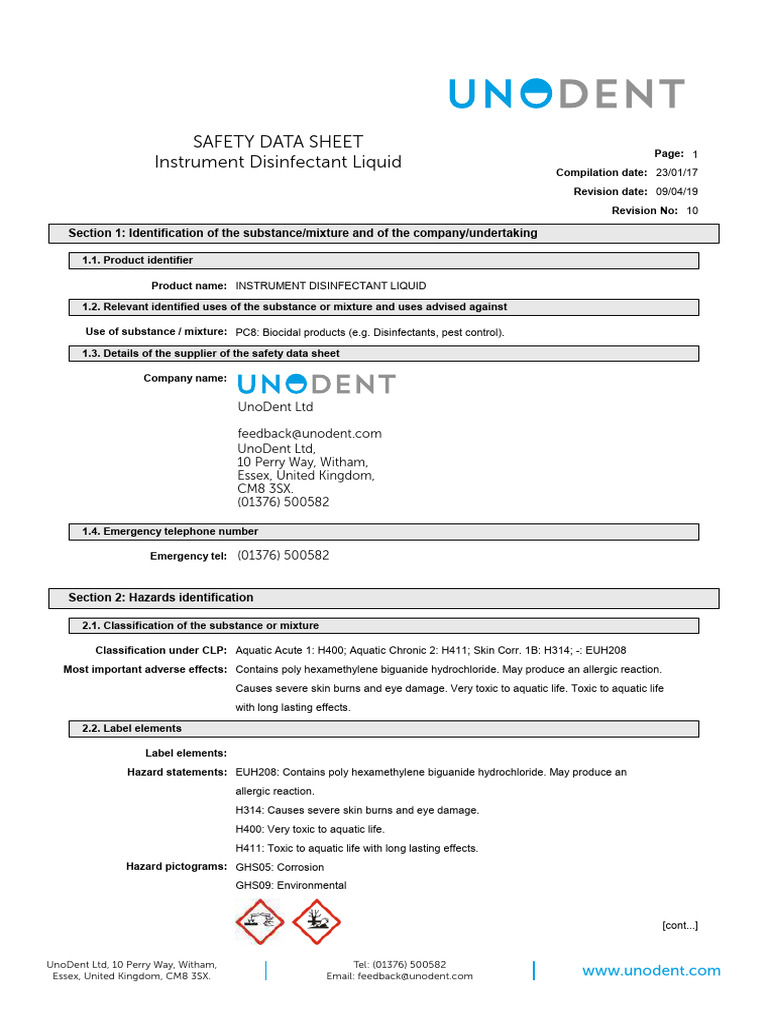 SDS Unodent Instrument Disinfectant Liquid | PDF