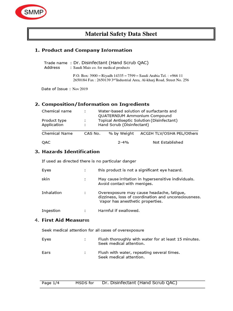 Dr. Disinfectant Hand Scrub QAC 1 | PDF | Occupational Safety And ...