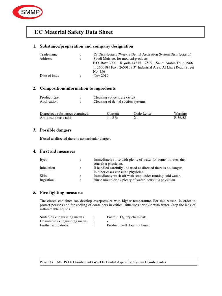 MSDS DR - Disinfectant Weekly Dental Aspiration System Disinfectants ...