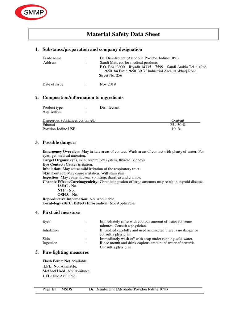 MSDS Dr. Disinfectant Alcoholic Povidon Iodine 10 | PDF | Iodine | Firefighting