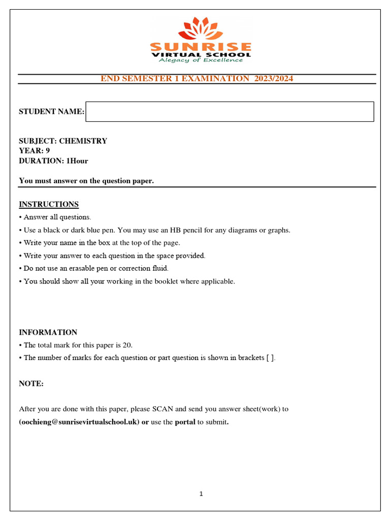 Chem Yr 9 End Sem I Exams 2023-2024 | PDF | Ion | Atoms Chem Yr 9 End Sem I Exams 2023-2024 | PDF | Ion | Atoms