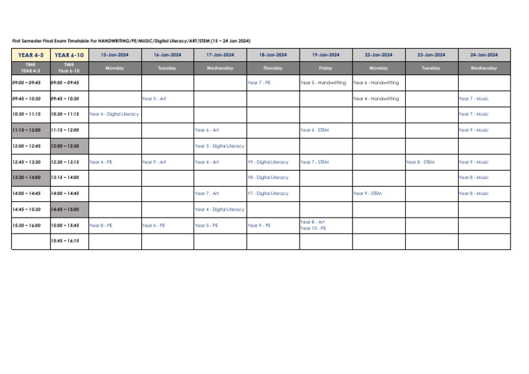 First Semester Final Exam Timetable For HANDWRITING - PE - MUSIC ...